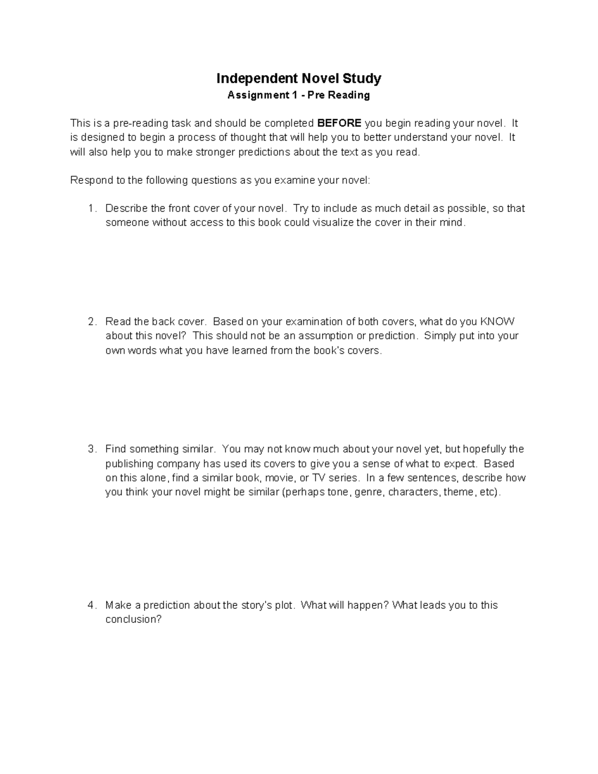Independent Novel Study Assignment 1 - Pre Reading Task Guide ...