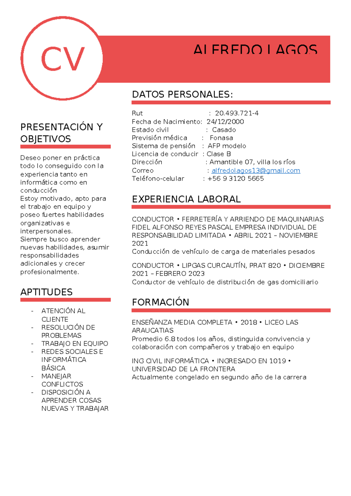 CV - sdvfv - CV PRESENTACIÓN Y OBJETIVOS Deseo poner en práctica todo lo conseguido con la - Studocu