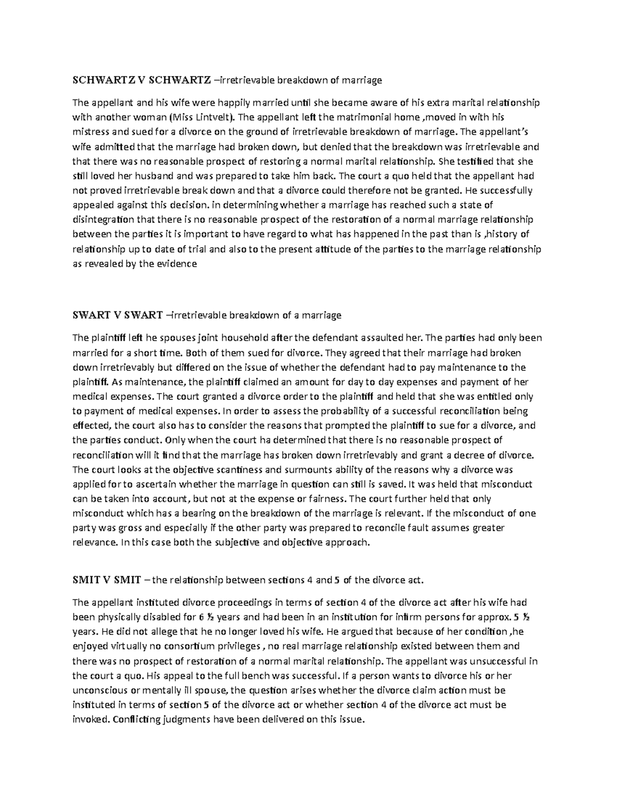 Family Law. Module 3 - SCHWARTZ V SCHWARTZ –irretrievable breakdown of ...