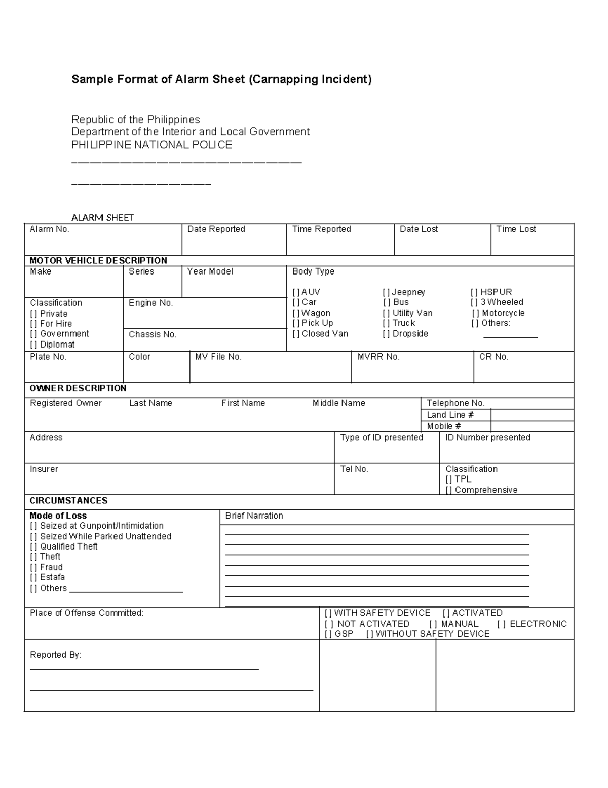 Sample Format of Alarm Sheet (Carnapping Incident) - Date Reported Time ...