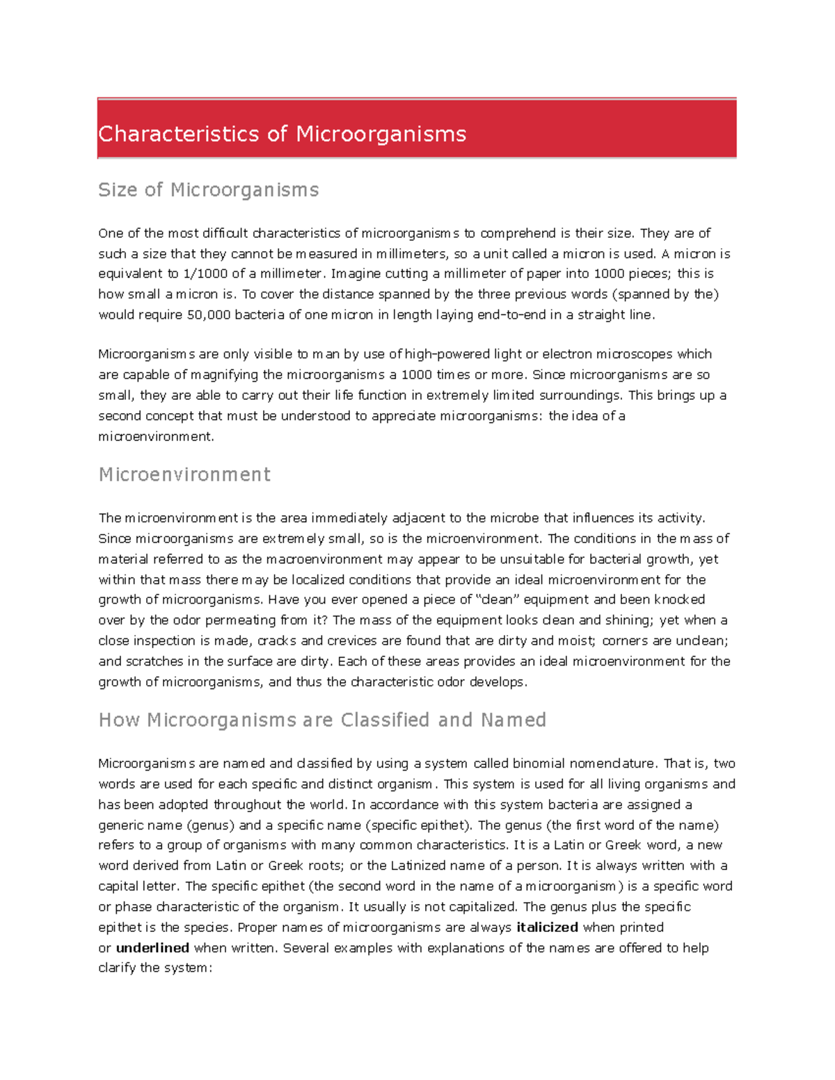 Module 3 - Notes - Characteristics of Microorganisms Size of ...