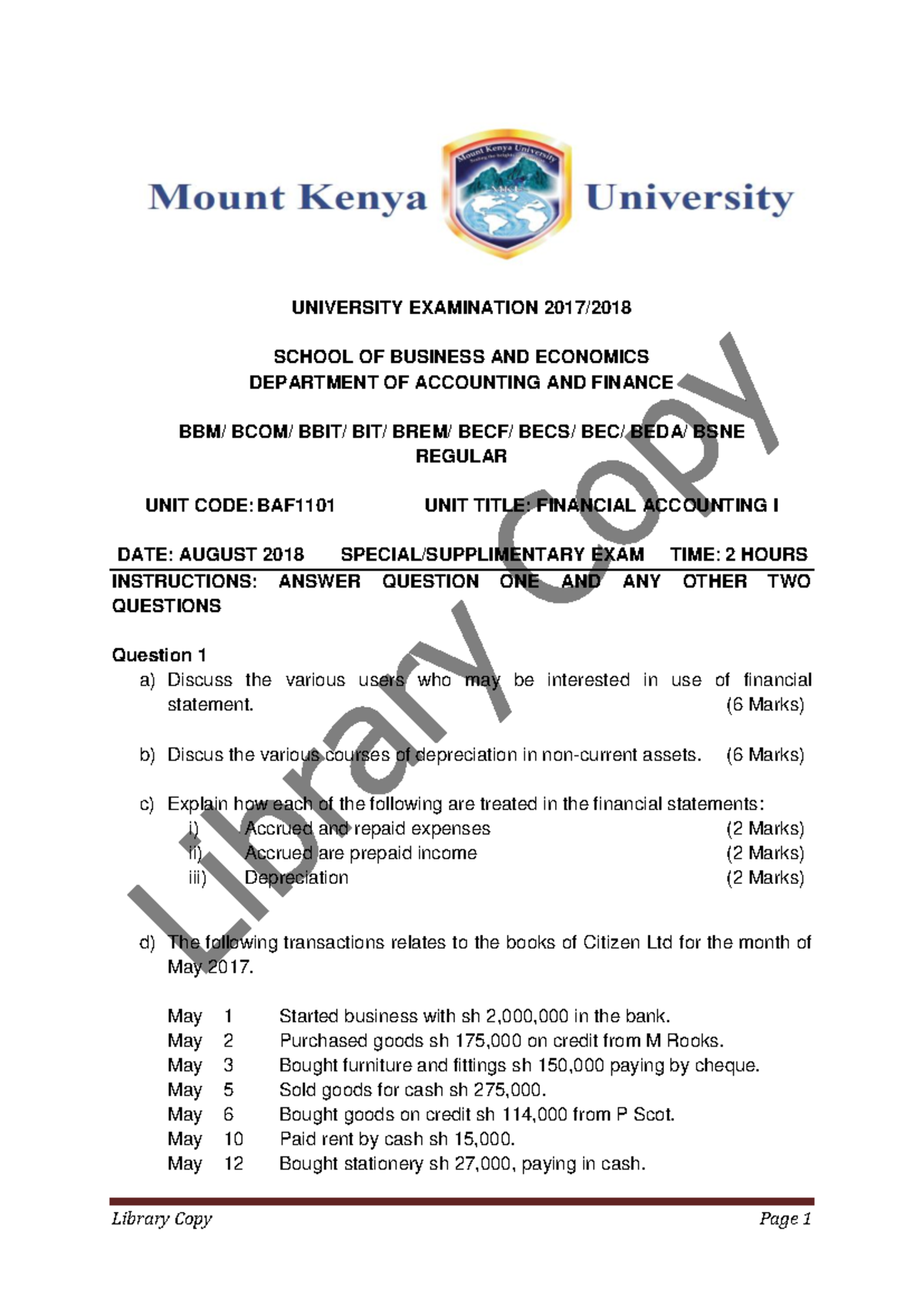BAF1101 Financial Accounting I WKND SUPP - UNIVERSITY EXAMINATION 2017 ...