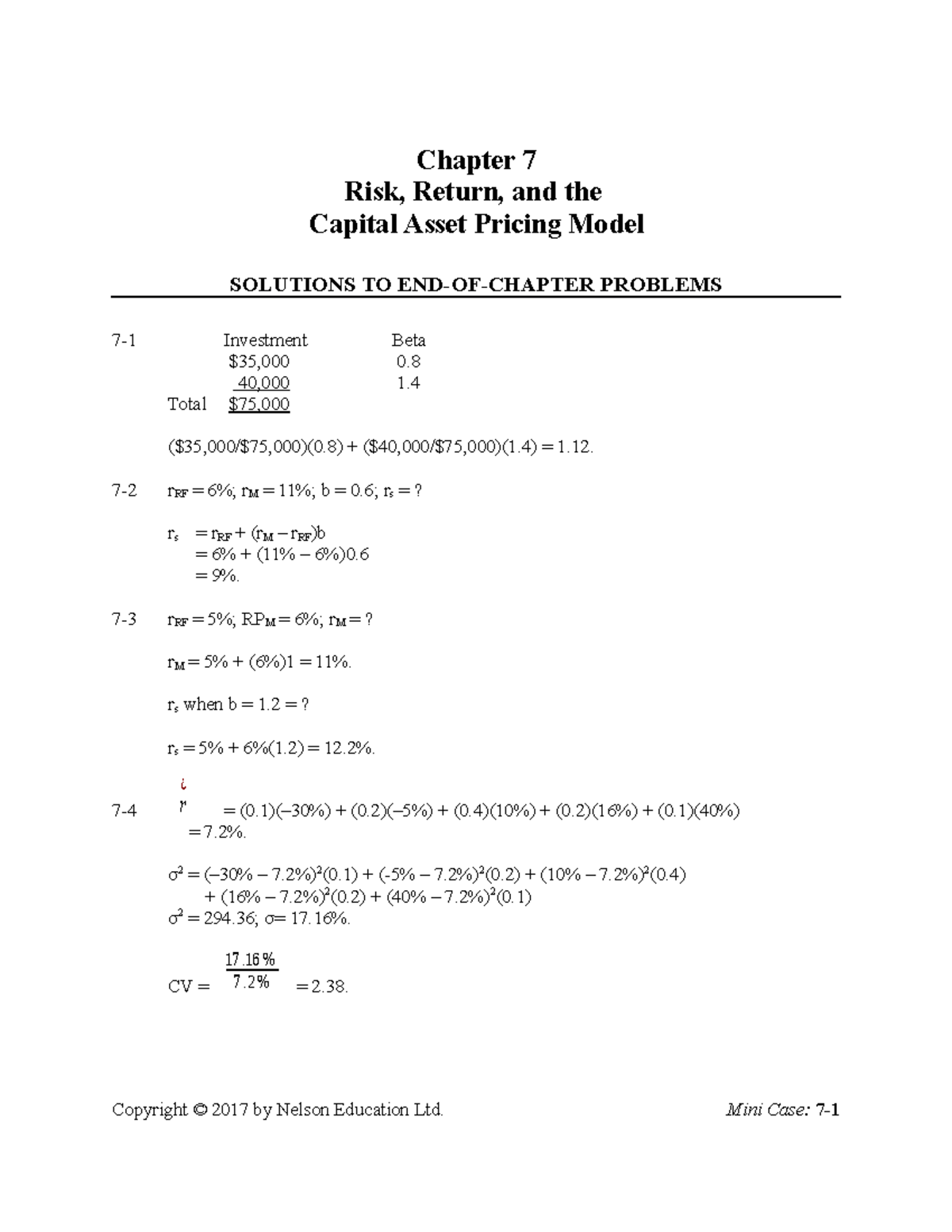 Week 11 CH7 Risk and CAPM (solutions) - Chapter 7 Risk, Return, and the ...