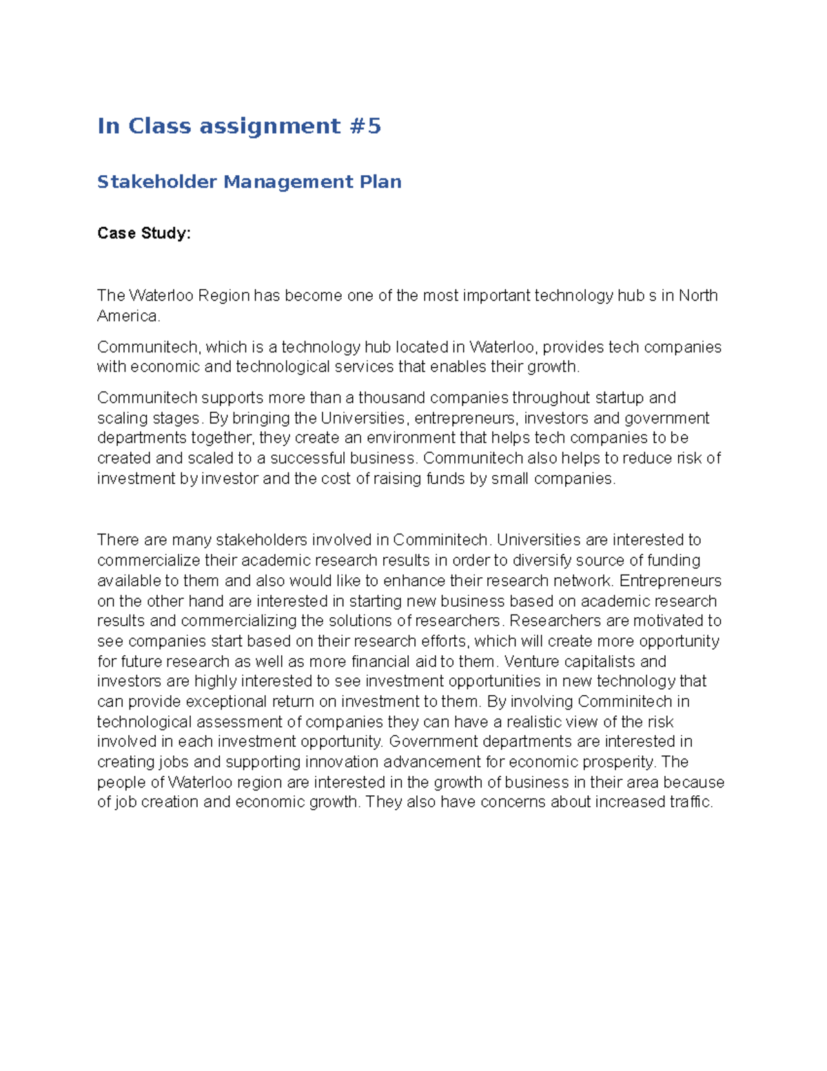 Stakeholder Management Plan - In Class assignment Stakeholder ...