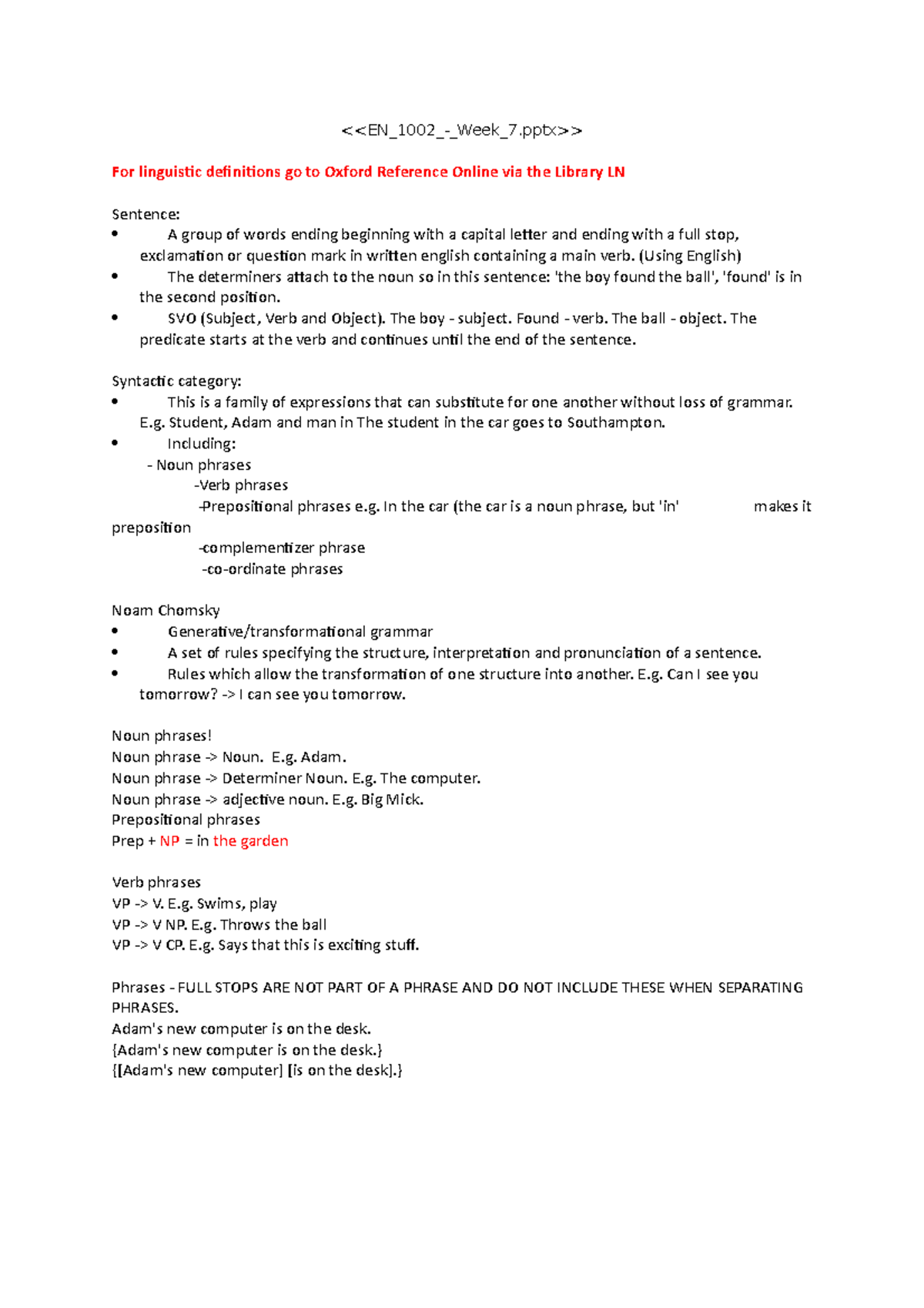 Syntax Phrases - 8 - Lecture notes 8 - For linguistic definitions - Studocu