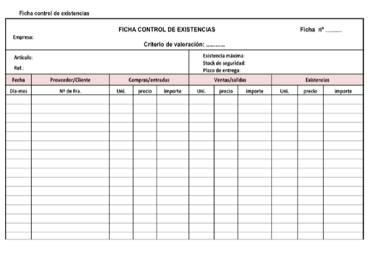Ficha DE Almacen - Ficha control de existencias FICHA CONTROL DE ...