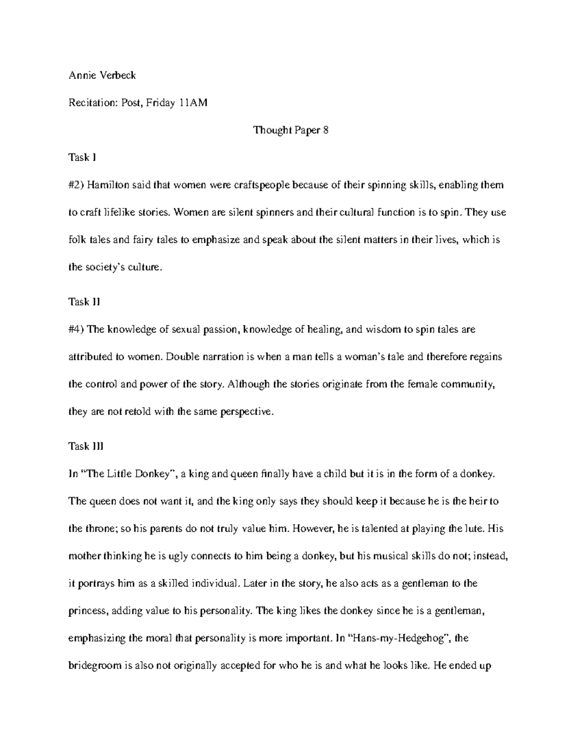 Thought paper 8 - Annie Verbeck Recitation: Post, Friday 11AM Thought ...