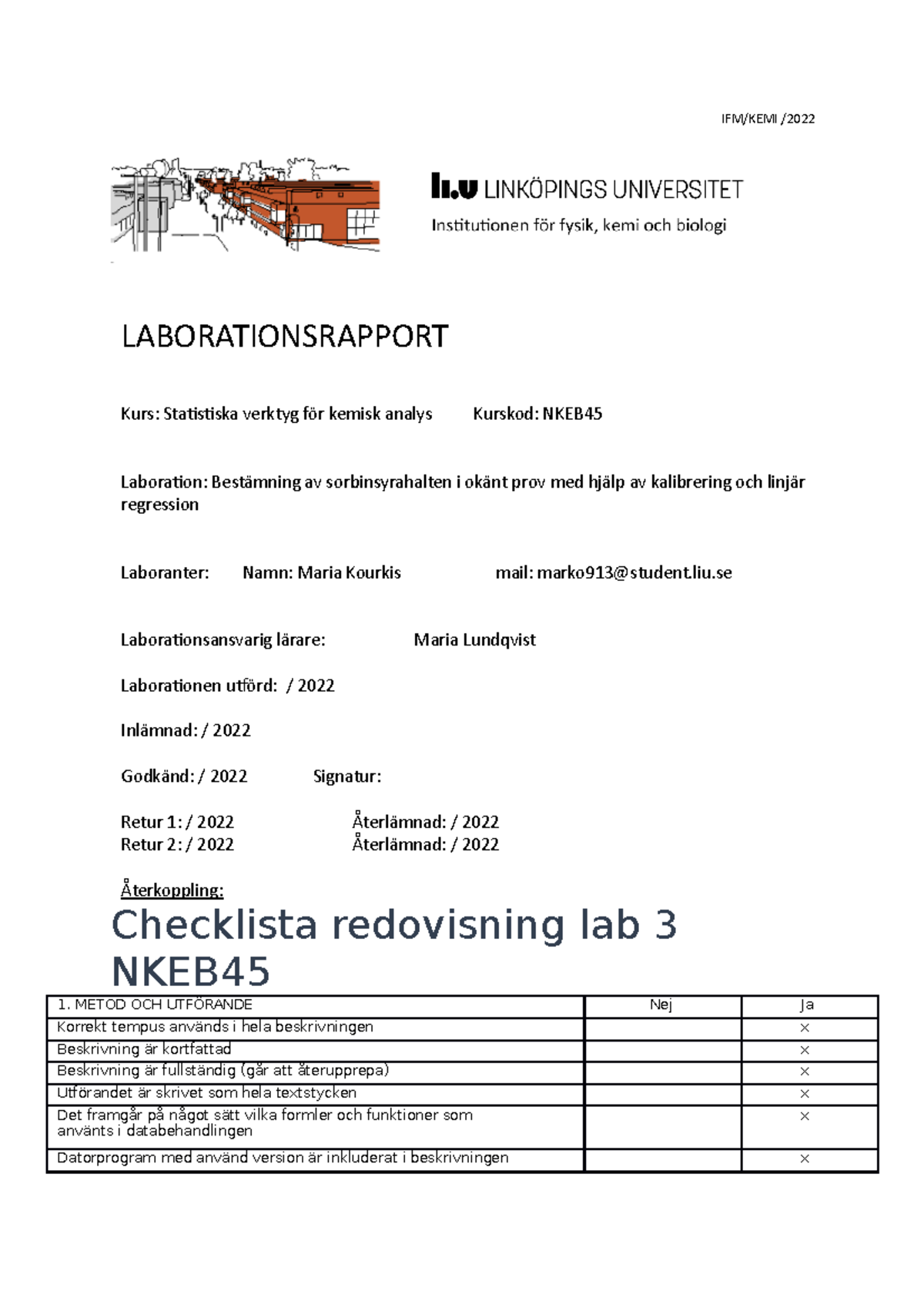 Statistik labb 3 - labb rapport - IFM/KEMI / LABORATIONSRAPPORT Kurs ...