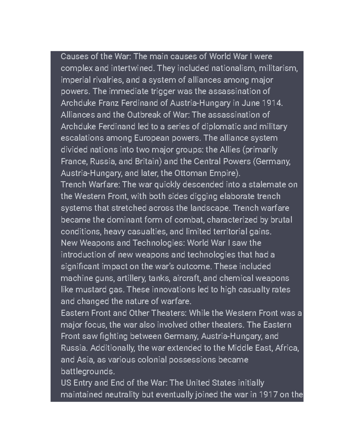 World War I - key notes - Causes of the War: The main causes of World ...