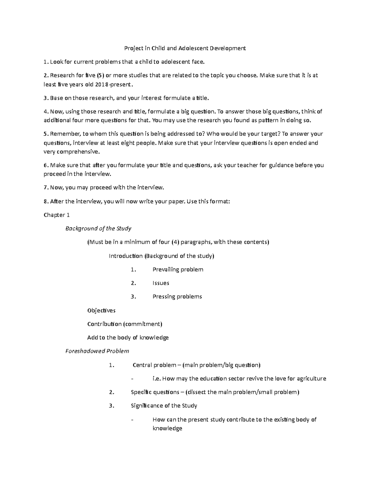 Project in Child and Adolescent Development - Research for five (5) or ...