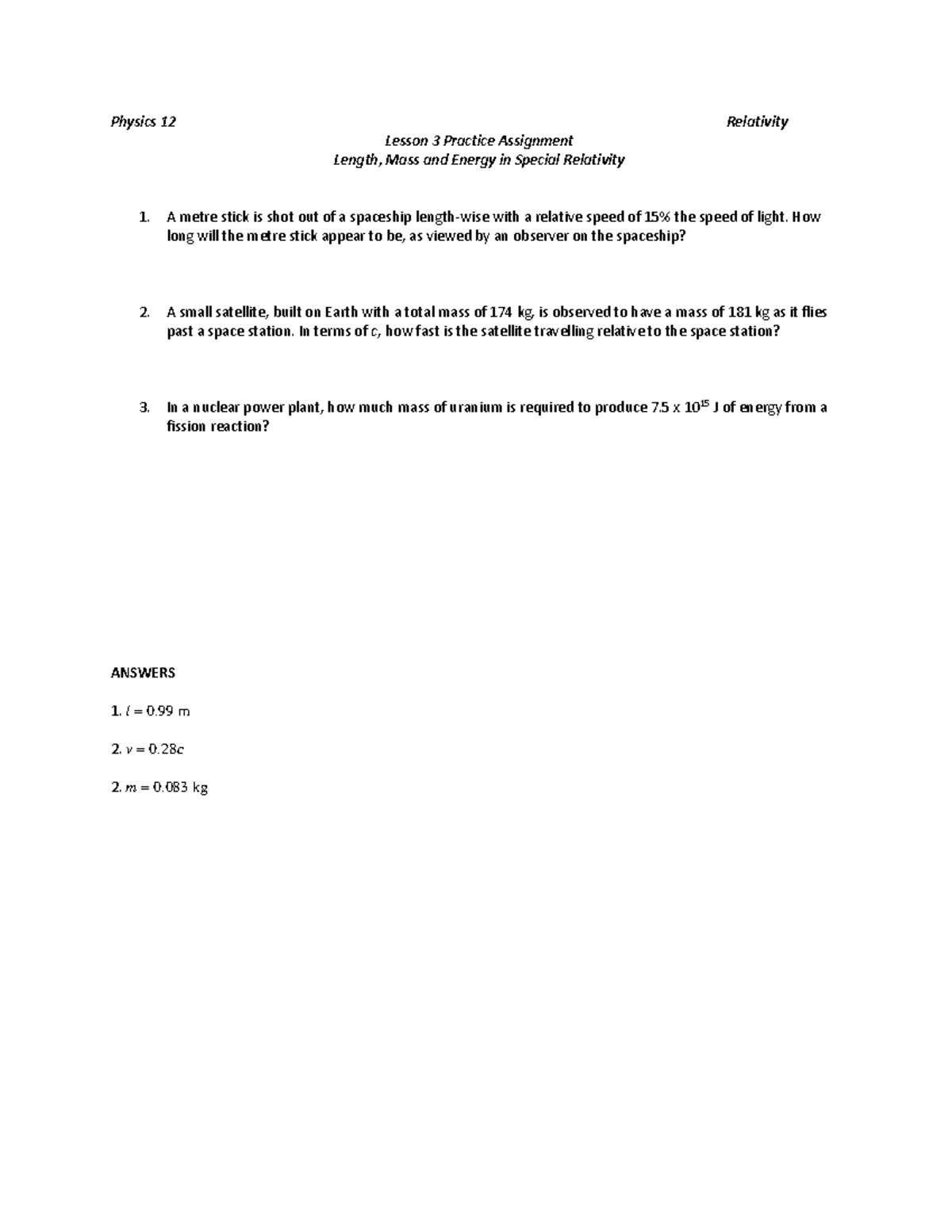 Assignment - 13 - Physics - 12 - Physics 12 Relativity Lesson 3 ...