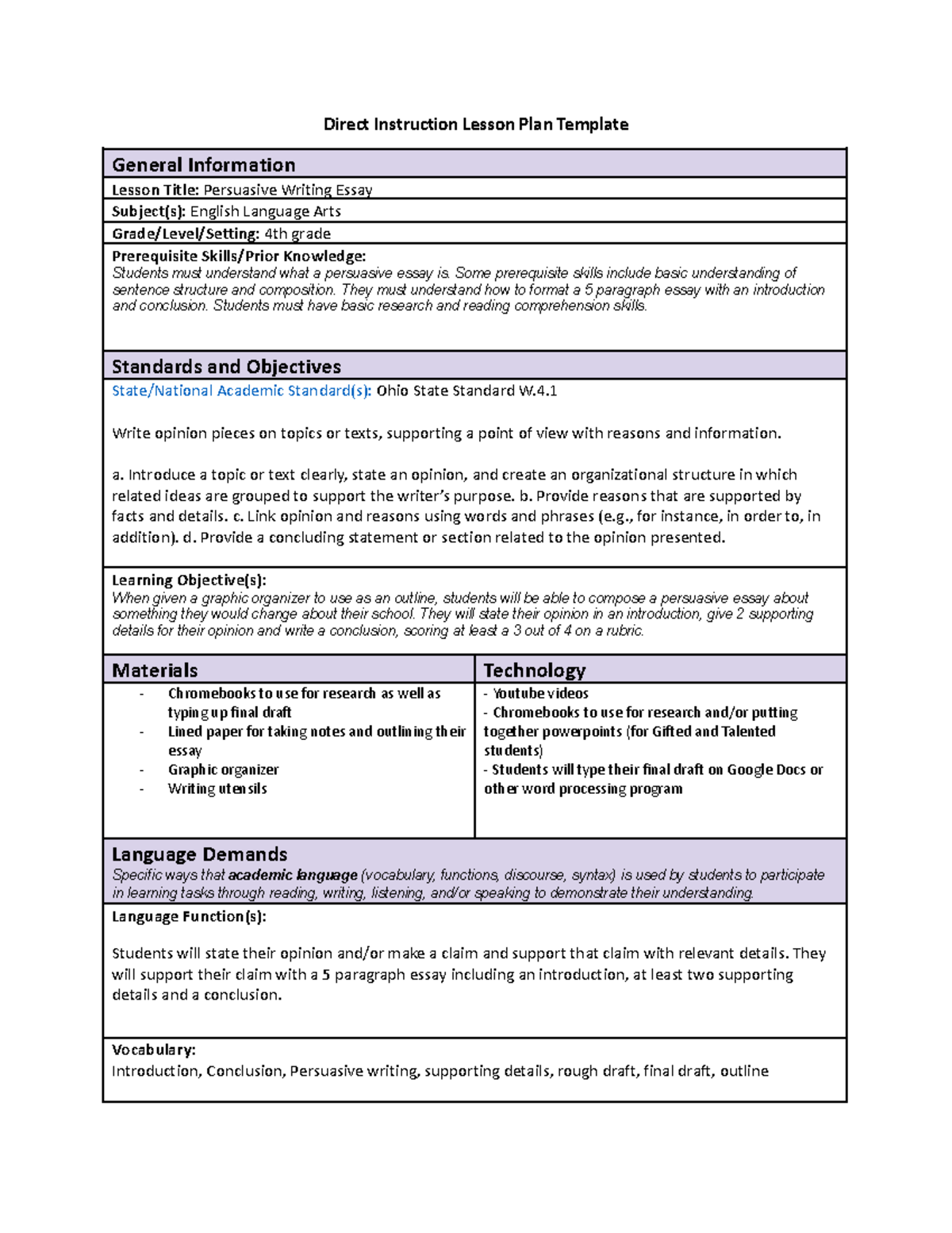 Task 1 Language Arts Instruction Lesson Plan - Direct Instruction Lesson Plan Template General ...