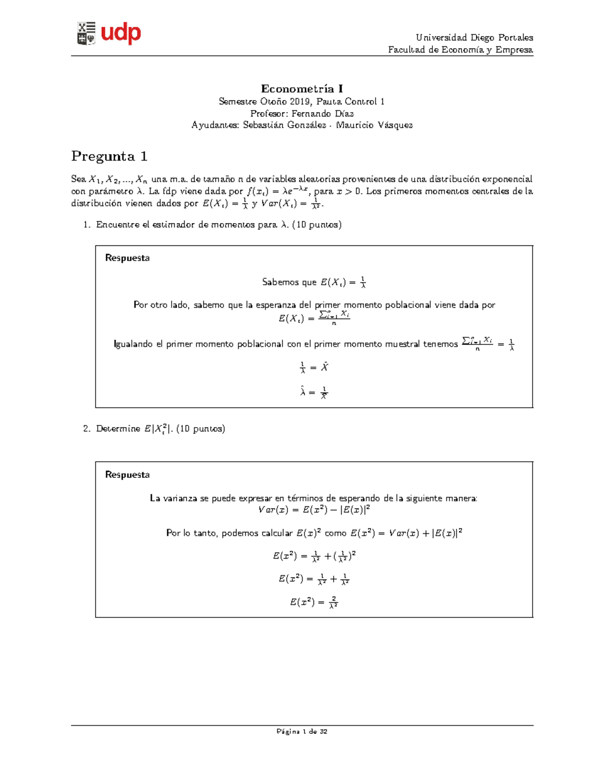 Examen 11 Noviembre 2019, preguntas y respuestas - Facultad de Econom ́ıa y Empresa Econometr ...