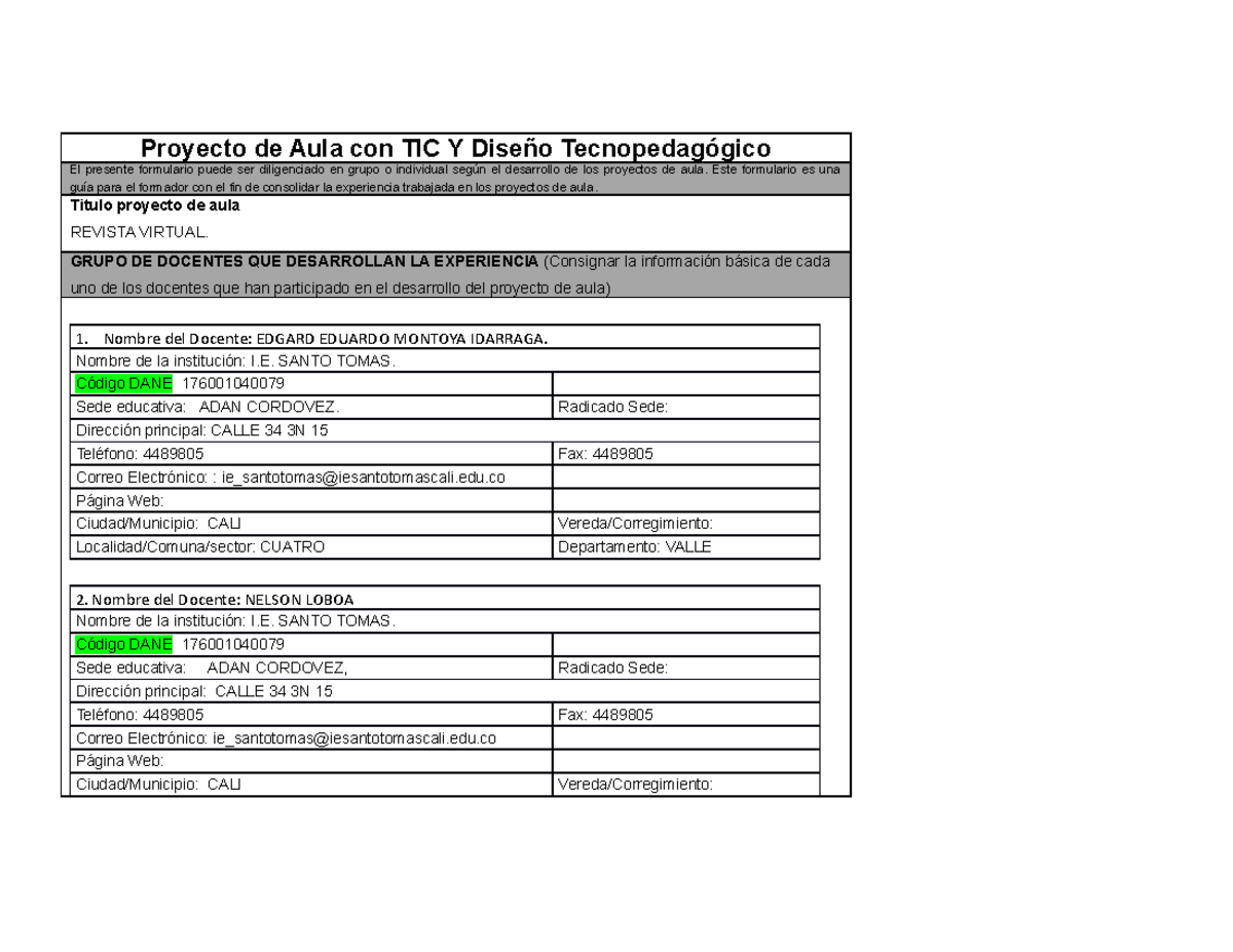 Formato Proyecto de Aula- Diseño Tecnopedagógico - Proyecto de Aula con ...
