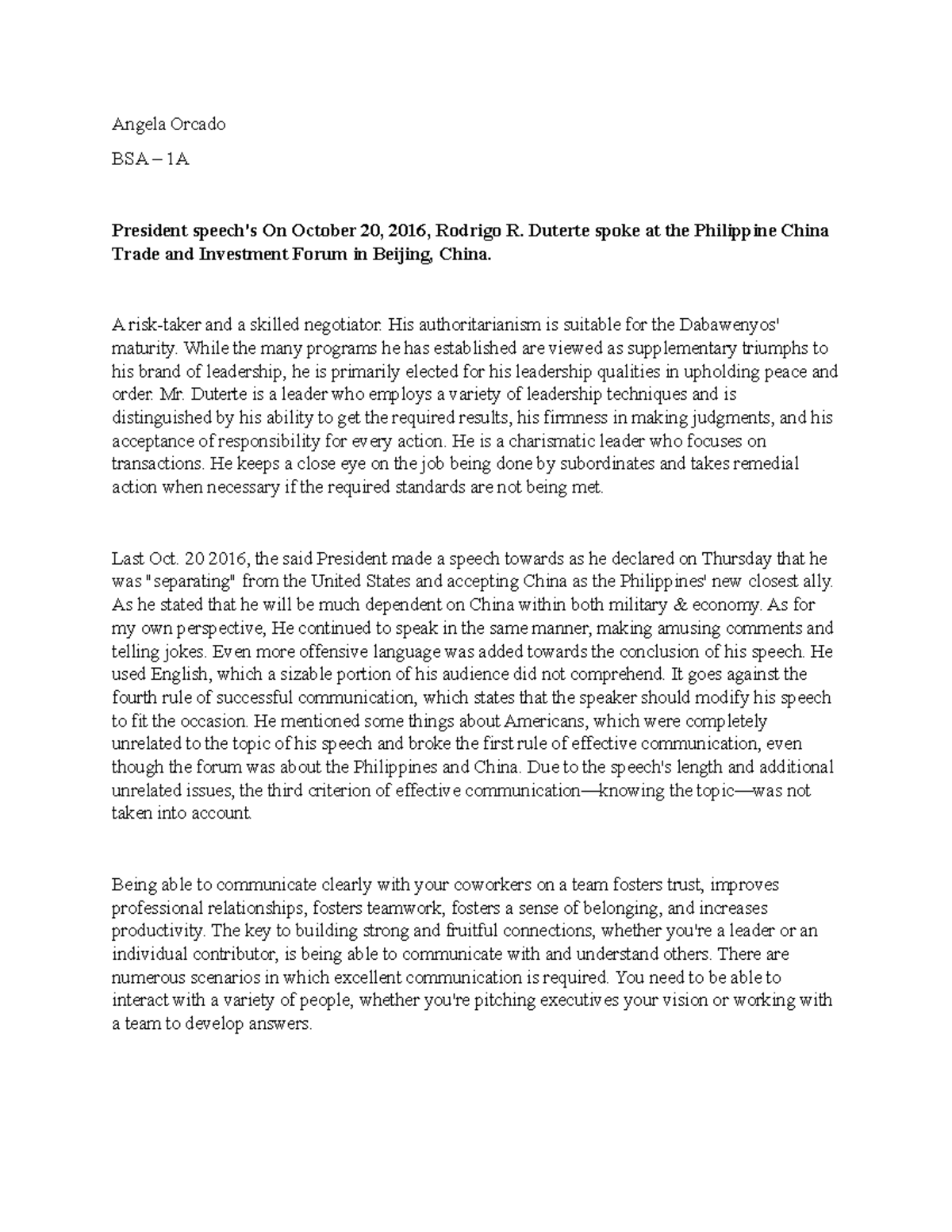 President Duterte's Speech in china - Angela Orcado BSA – 1A President ...