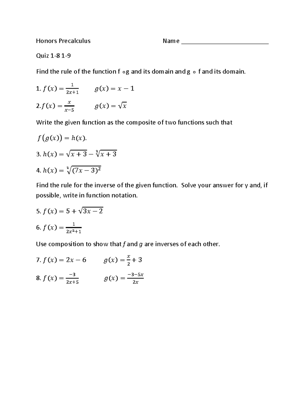 Quiz 1-8 1-9: Pre Calculus Practice 2021 - Honors Precalculus Name