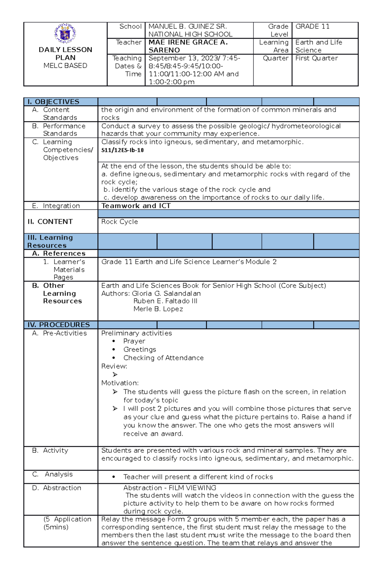 Lesson-Plan ELS 3 - dll - DAILY LESSON PLAN MELC BASED School MANUEL B ...