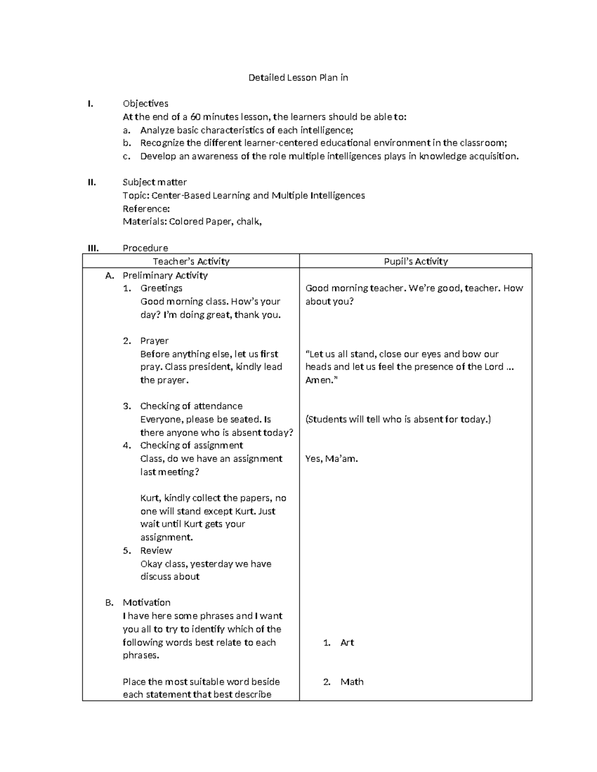 Ongoing Lesson PLAN SIR Efren - Detailed Lesson Plan in I. Objectives ...