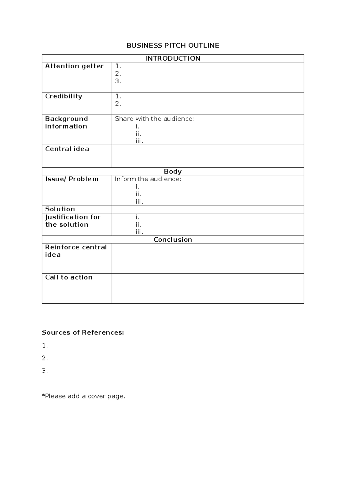 Business Pitch Outline template - business communication - BUSINESS ...