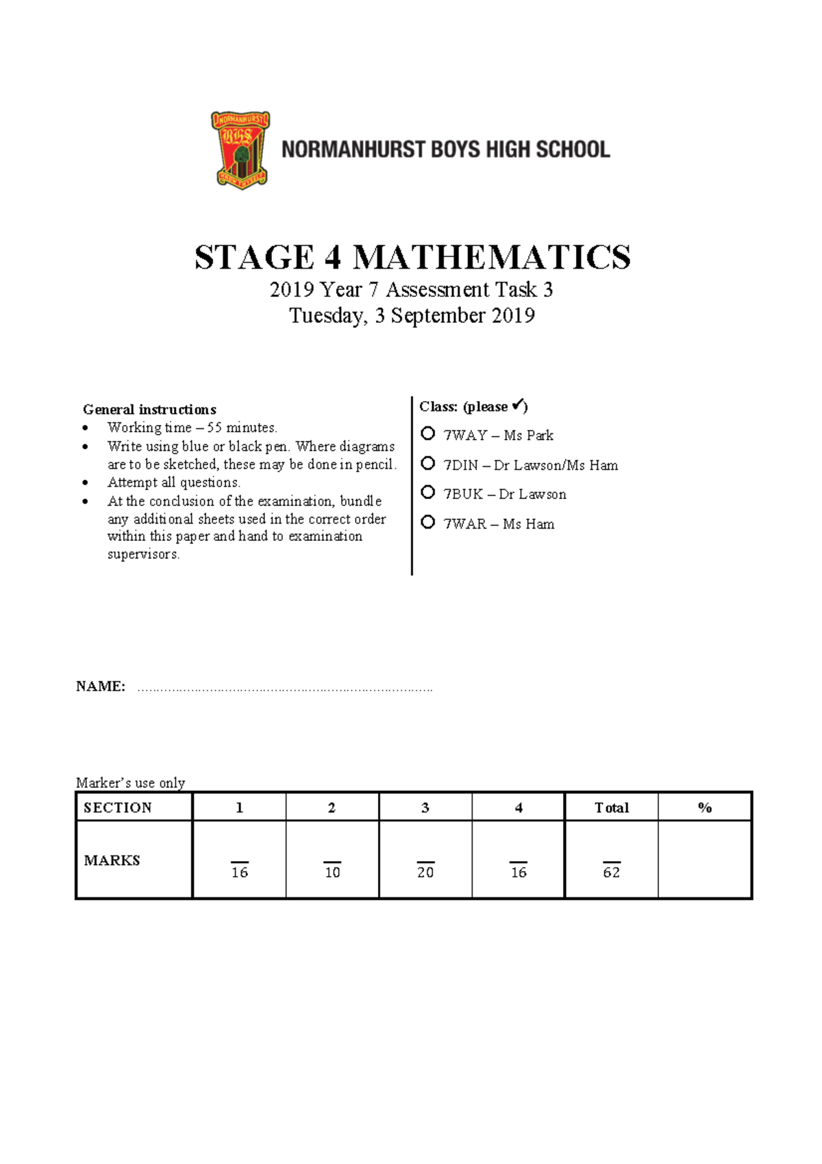 2019 Year 7 T3 - math - STAGE 4 MATHEMATICS 2019 Year 7 Assessment Task ...