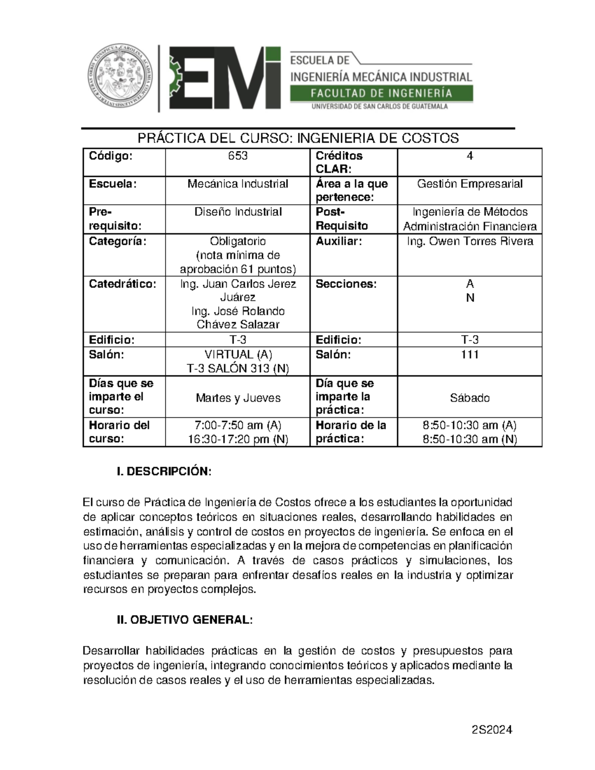 Programa Pr Ã¡ctica Ingenier Ã­a de costos 2S24-2 - 2 S202 4 PRÁCTICA DEL CURSO: INGENIERIA DE ...