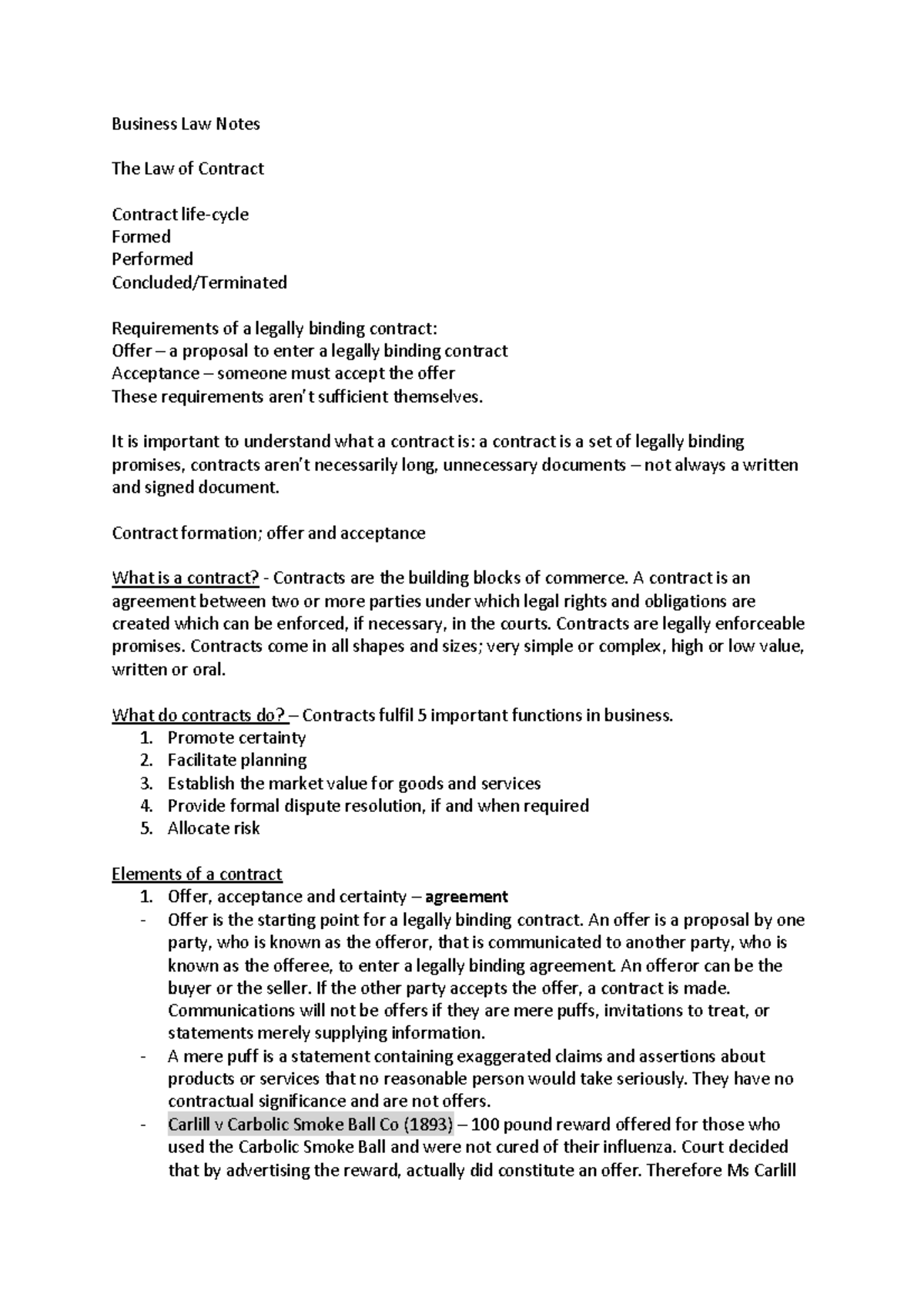 Business Law Notes - Business Law Notes The Law of Contract Contract ...