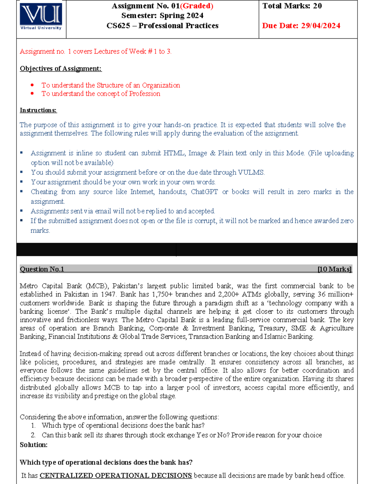 Spring 2024 CS625 1 SOL - Assignment No. 01(Graded) Semester: Spring 2024 CS625 – Professional ...