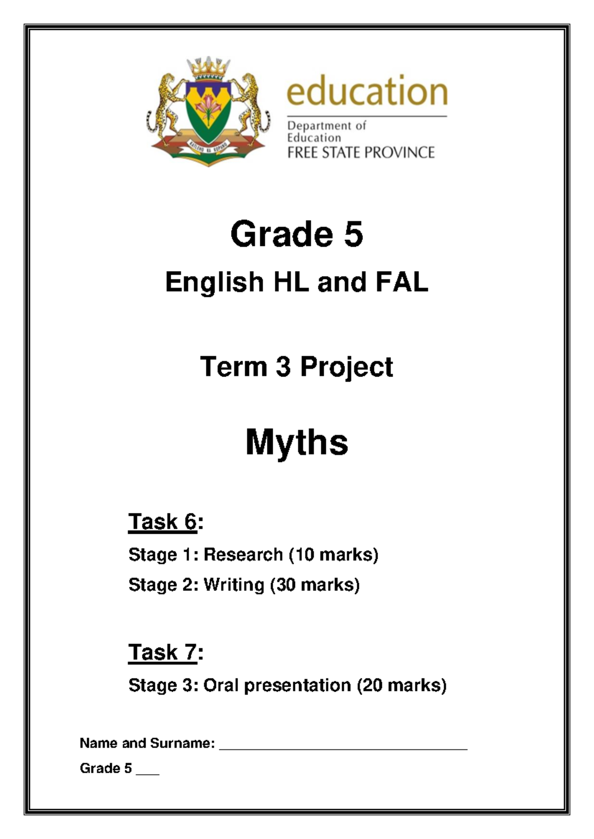 Grade 5 EFAL and HL Project Learners Handout Term 3 2023 Myth 1 - Grade ...