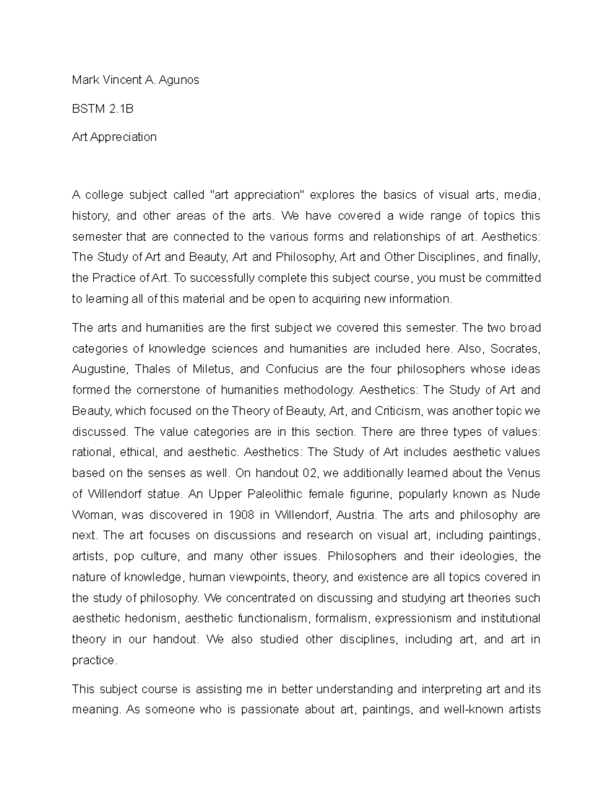Appreciation 2 ssssssss - Mark Vincent A. Agunos BSTM 2 Art ...