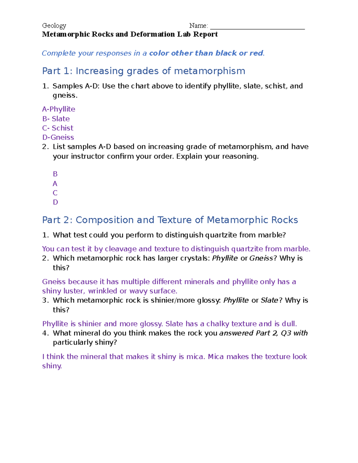 Metamorphic Lab Report - Geology Name ...
