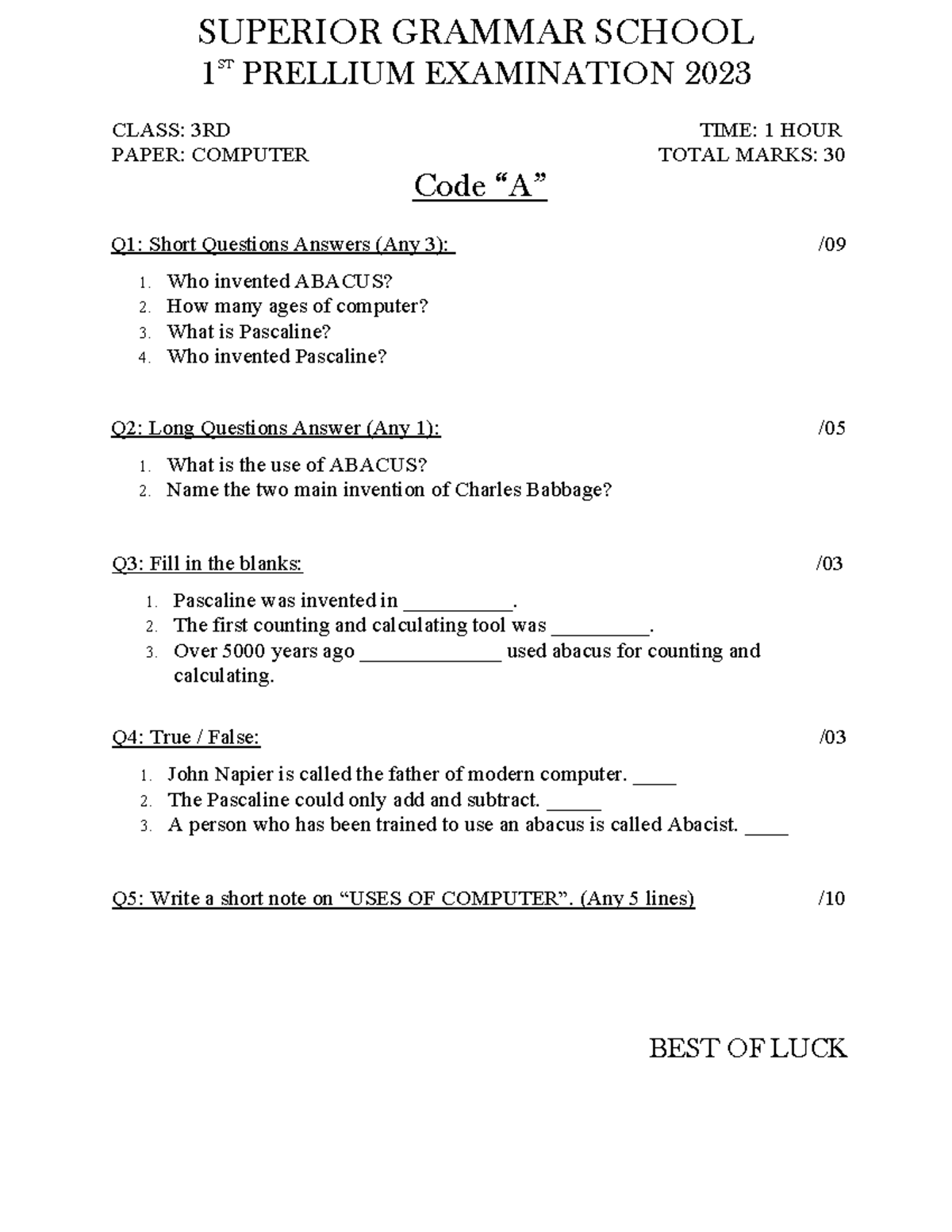 1st prellium comp code A 2023 - SUPERIOR GRAMMAR SCHOOL 1 ST PRELLIUM ...