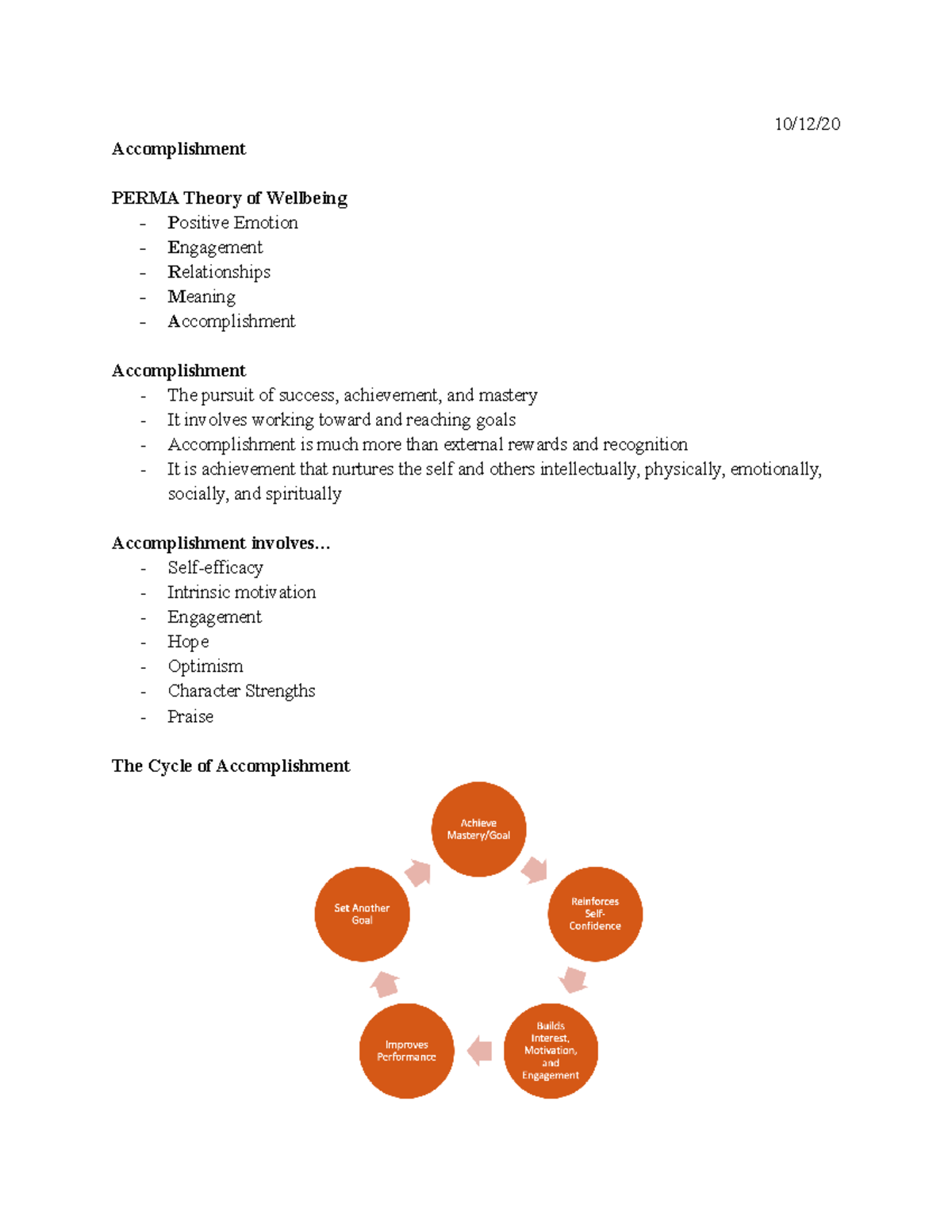 Accomplishment Notes - 10/12/ Accomplishment PERMA Theory of Wellbeing ...