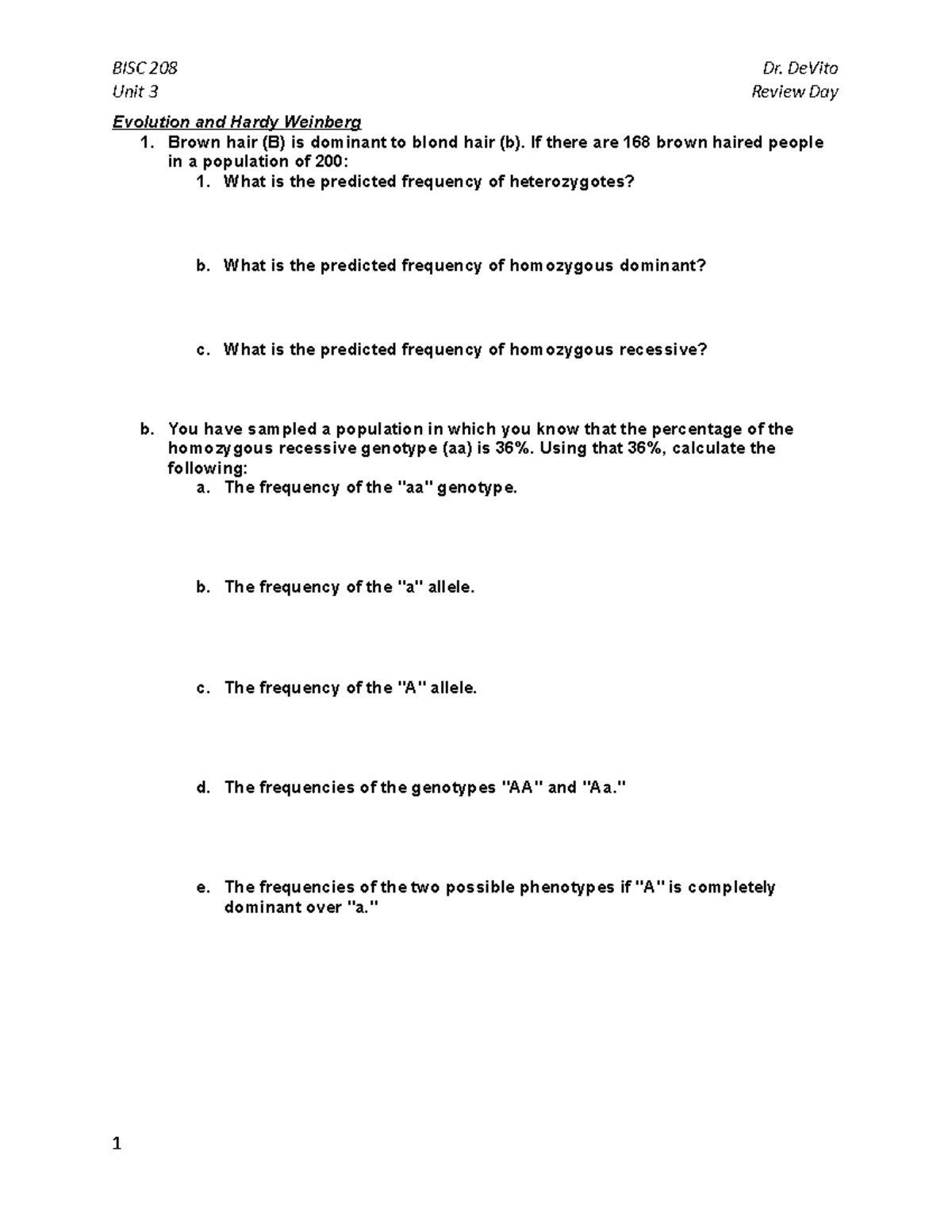 End of Semester Review Worksheet - Unit 3 Review Day Evolution and ...