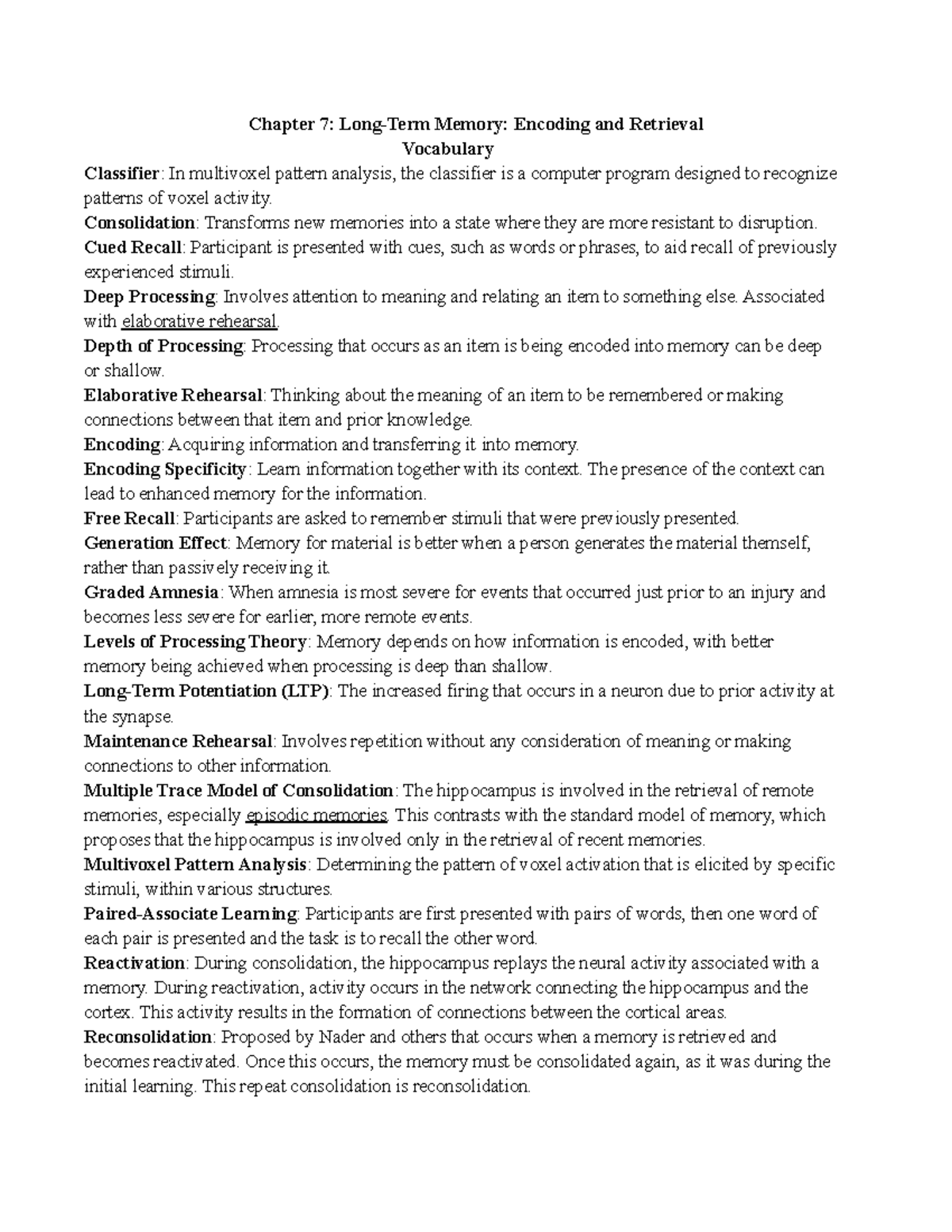 Chapter 7 Long Term Memory Encoding And Retrieval Chapter 7 Long Term Memory Encoding And
