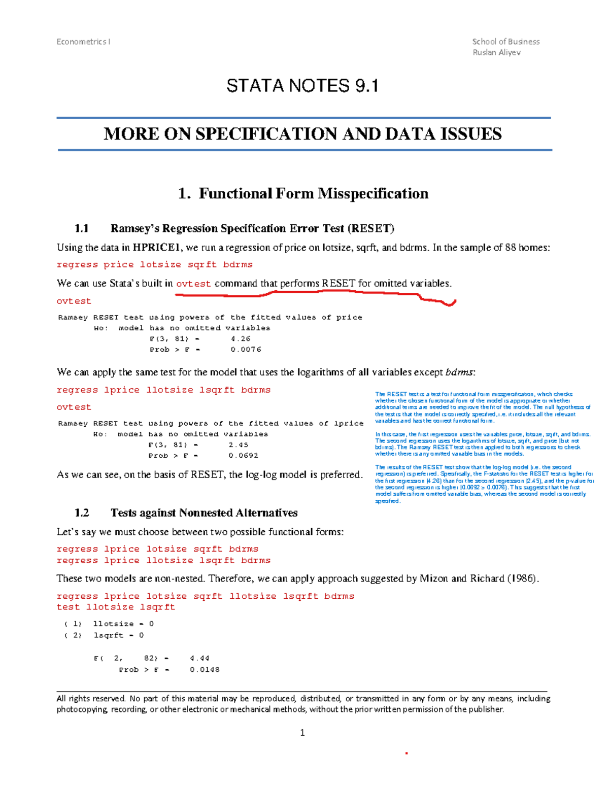 Stata Notes 9 1 - Econometrics I School of Business Ruslan Aliyev - Studocu