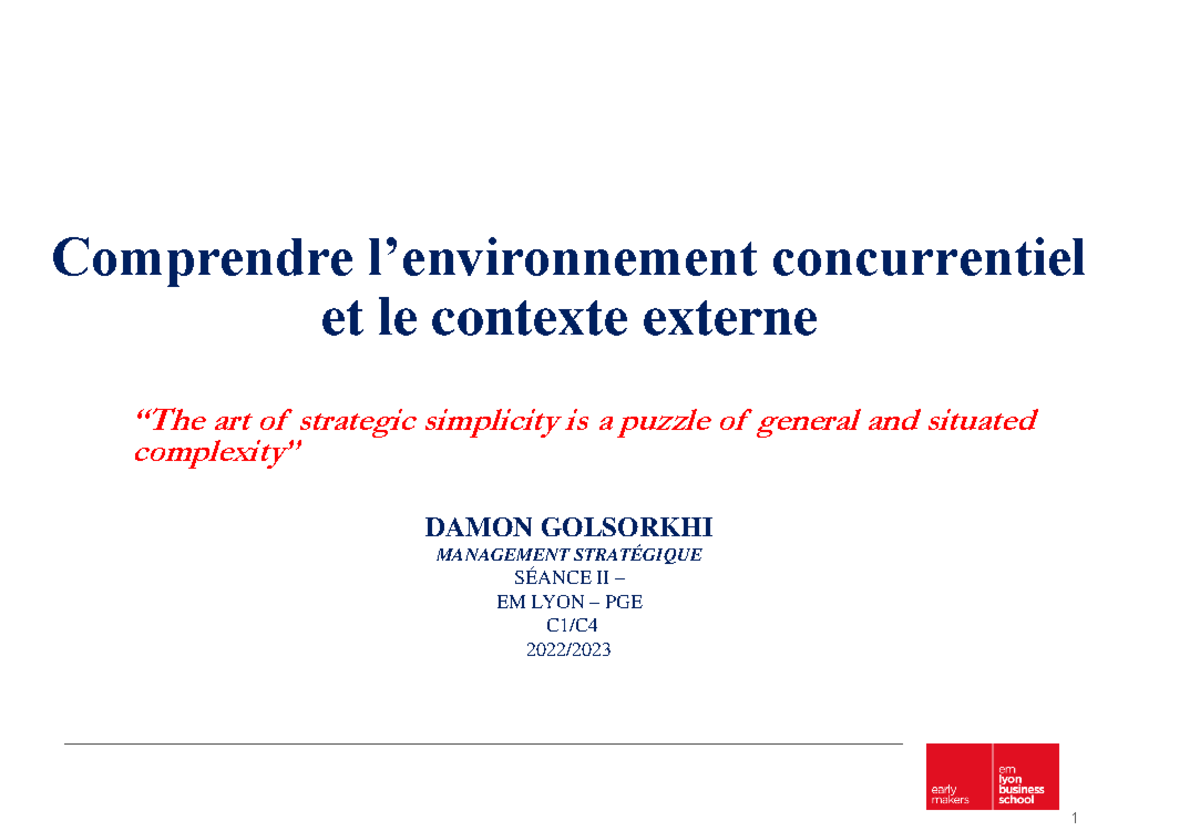 Séance II - Comprendre l'environnement concurrentiel et le contexte ...