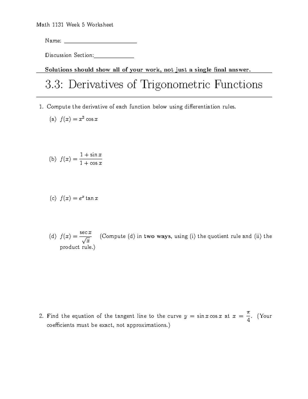 3.3 3 - Worksheets - Math 1131 Week 5 Worksheet Name: Discussion ...