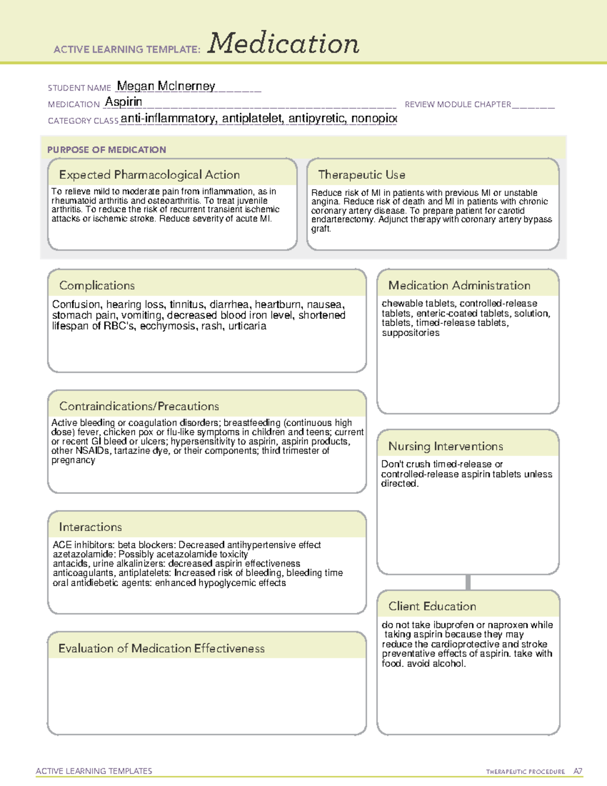 Medication- Aspirin - ACTIVE LEARNING TEMPLATES THERAPEUTIC PROCEDURE A ...