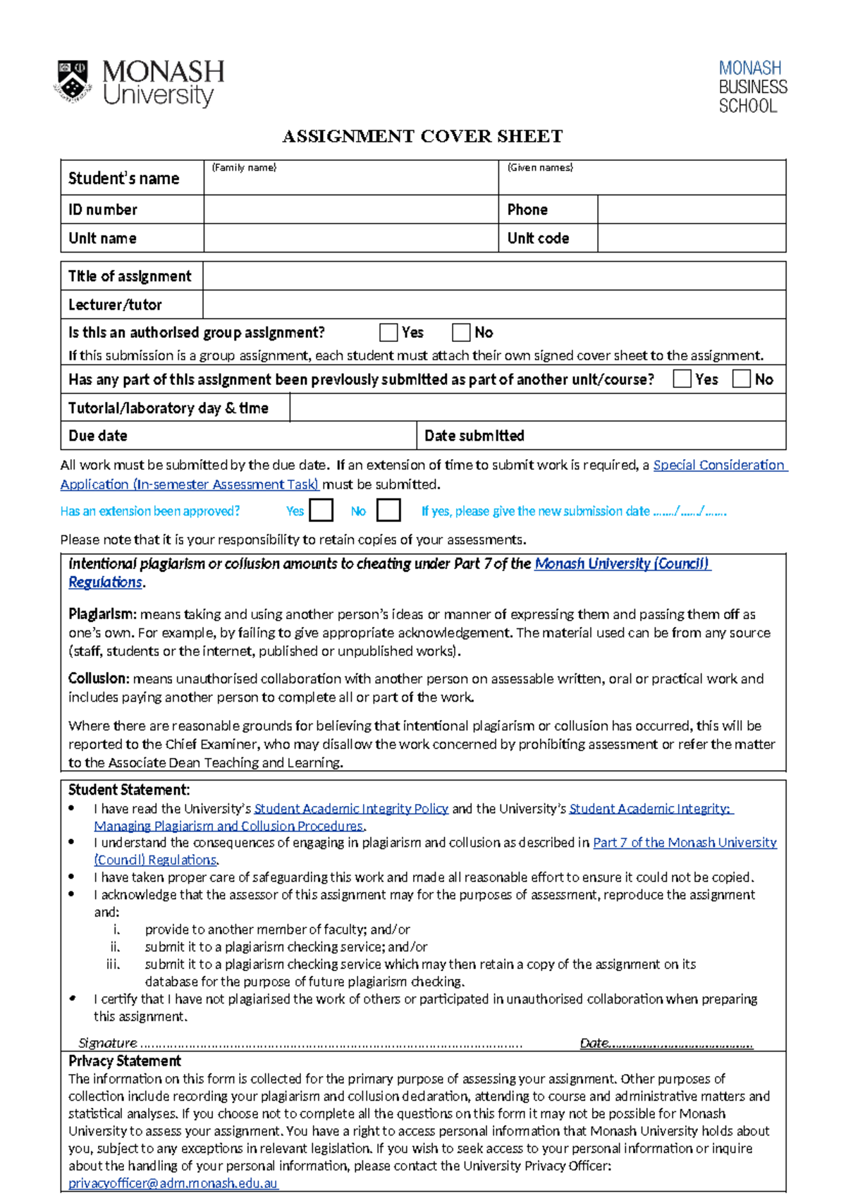 Coversheet template - cover - ASSIGNMENT COVER SHEET Student’s name ...
