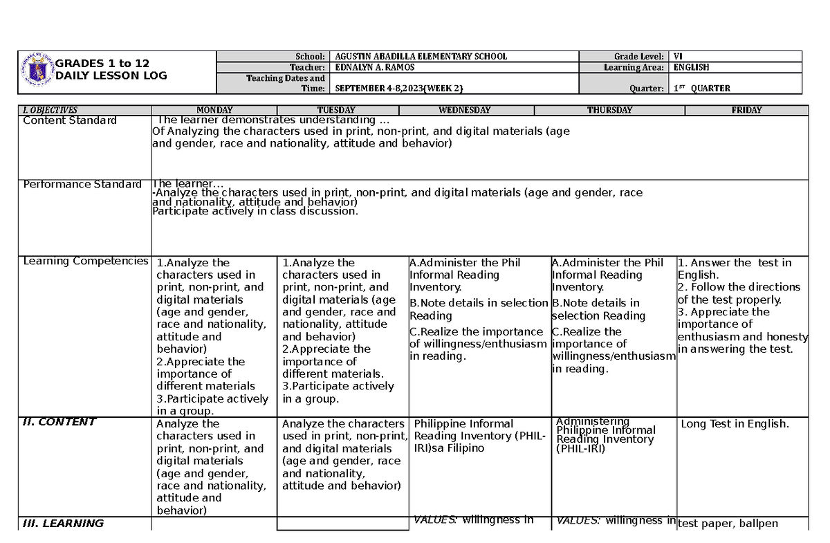 DLL-Q1-W2 - DLL IN ENGLISH - GRADES 1 to 12 DAILY LESSON LOG School ...