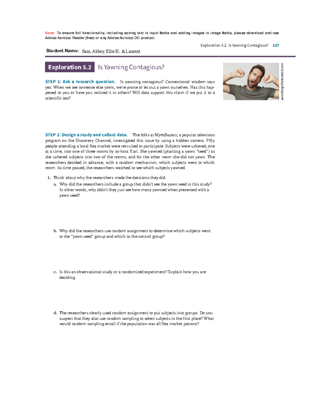 C05Exploration 5 2 Interactive Workbook - Exploration 5 Is Yawning Contagious? 127 Note: To ...