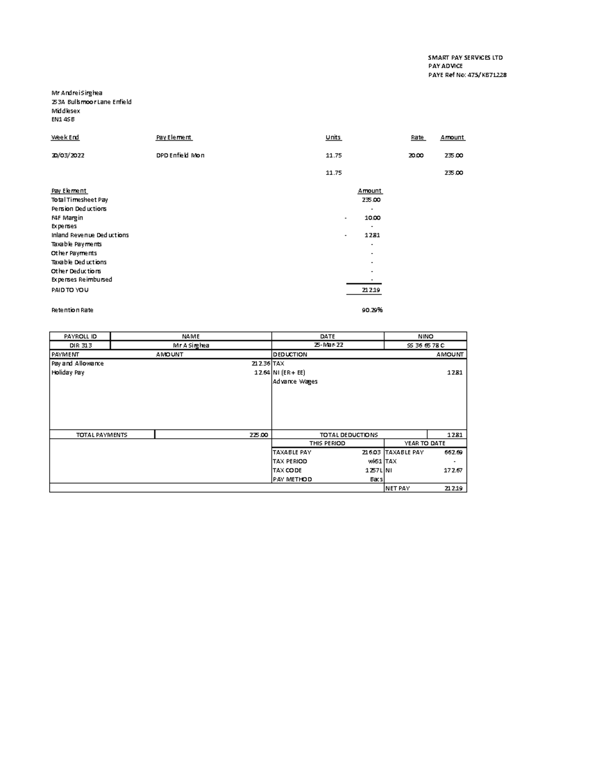 Payslip - Andrei Sirghea - 25 - SMART PAY SERVICES LTD PAY ADVICE PAYE ...