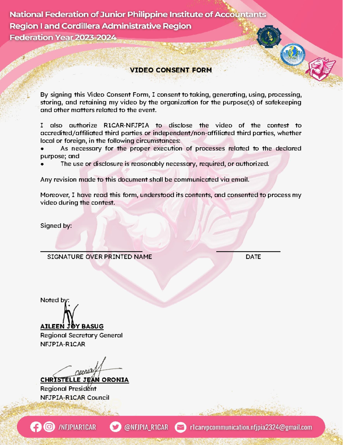 Nfjpia-R1CAR 2324 ARC Video Consent FORM - VIDEO CONSENT FORM By ...