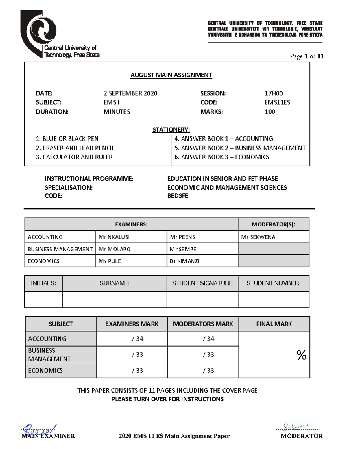 2020 EMS 11 ES Main Assignment Paper - AUGUST MAIN ASSIGNMENT DATE: 2 ...