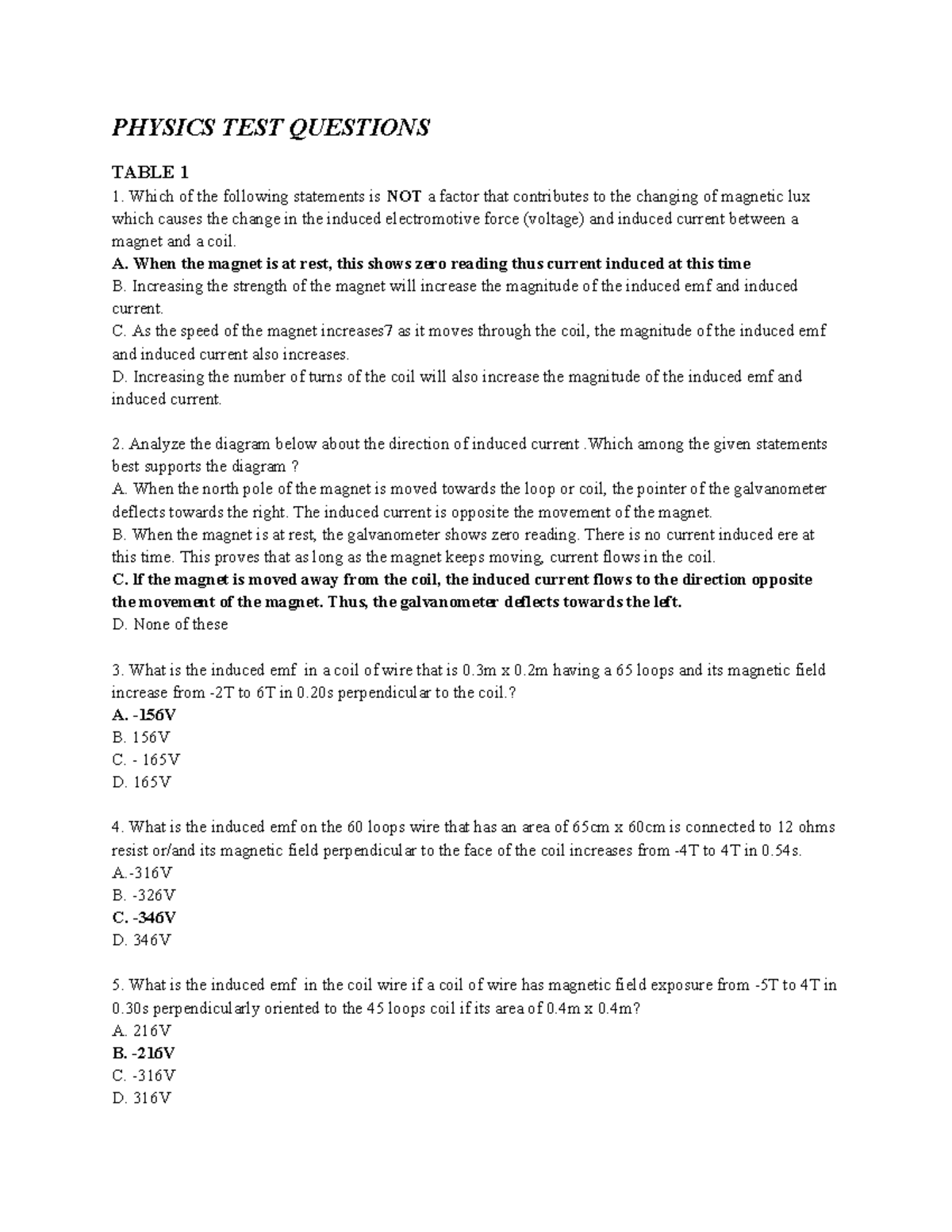 Physics-TEST- Questions - PHYSICS TEST QUESTIONS TABLE 1 1. Which of ...