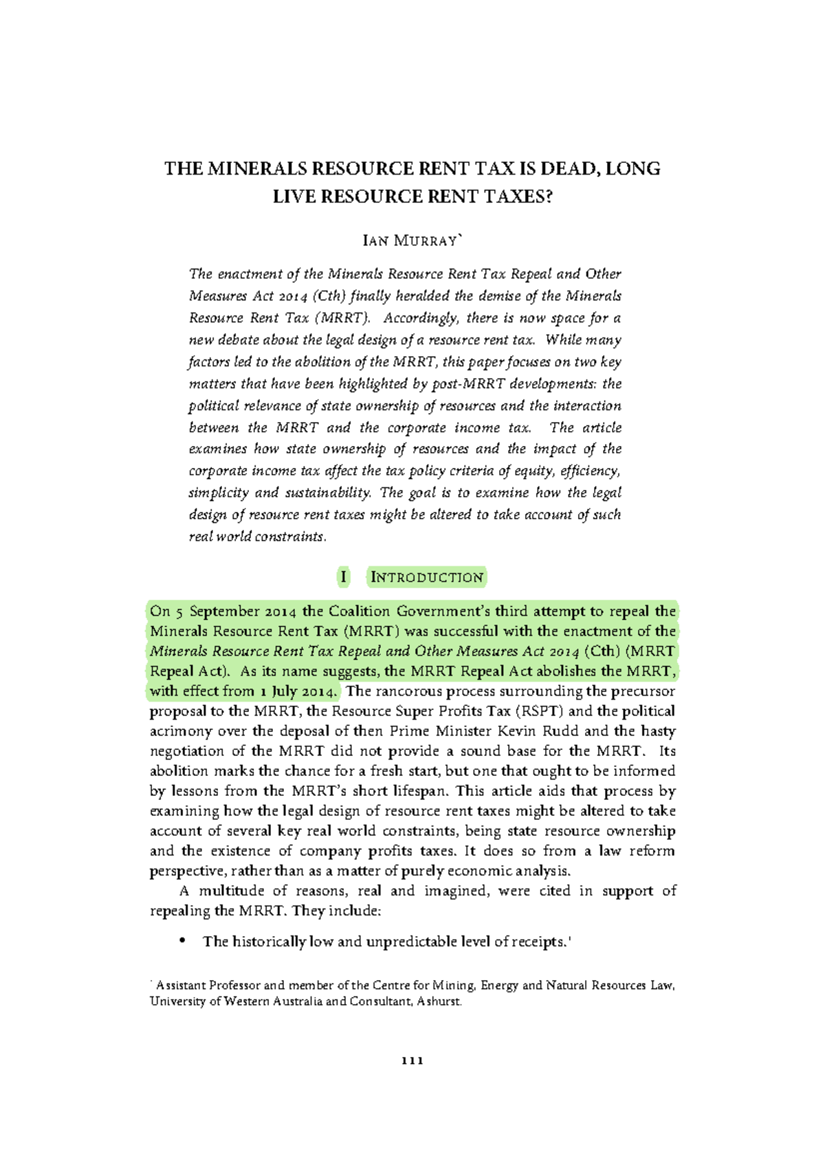 Murray (2015 ) The Minerals Resource Rent Tax is Dead Long Live ...