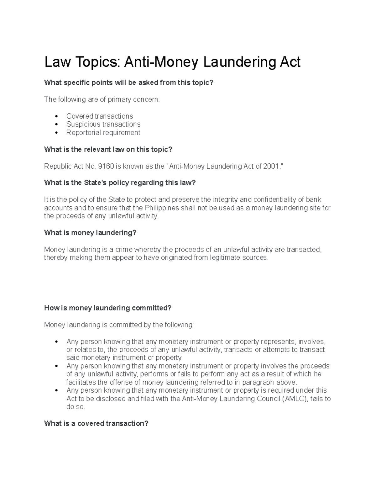 Lecture Notes -AMLA - Law Topics: Anti-Money Laundering Act What ...