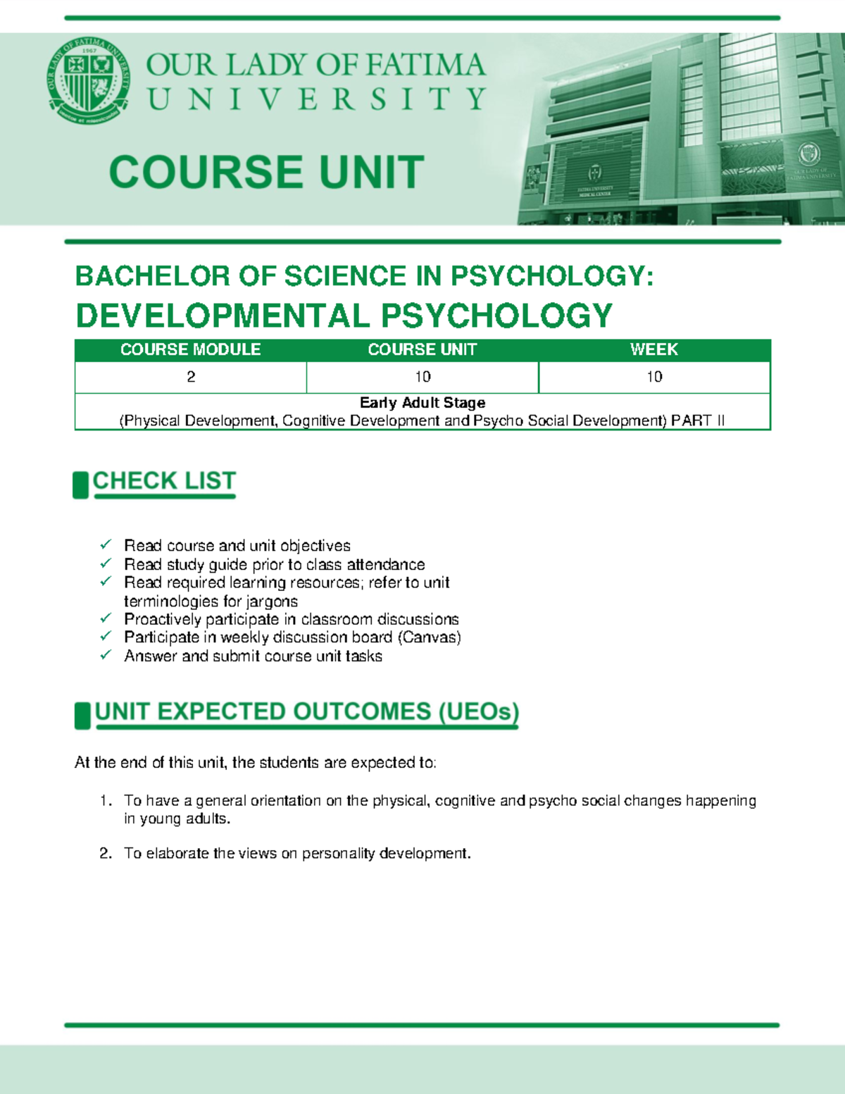 Early Adult 2 - BACHELOR OF SCIENCE IN PSYCHOLOGY: DEVELOPMENTAL ...
