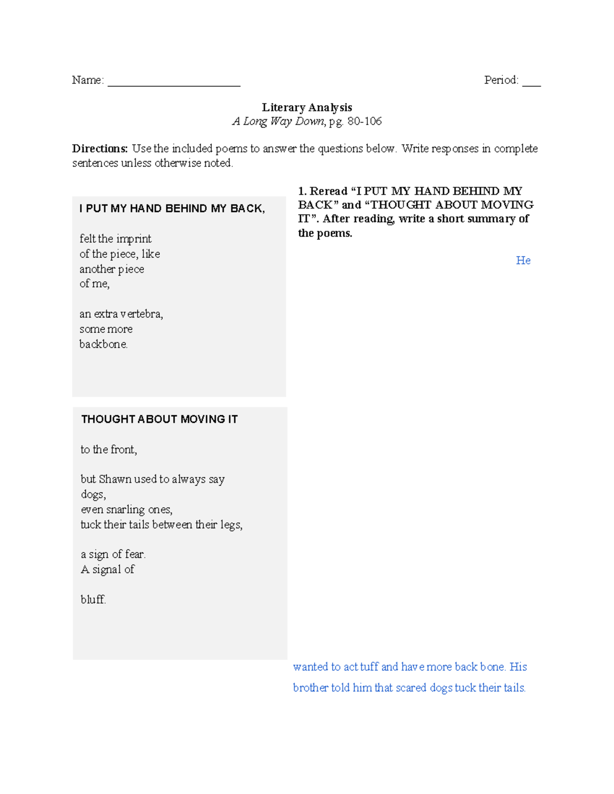 Copy of A Long Way Down, Analysis 4 - Name ...