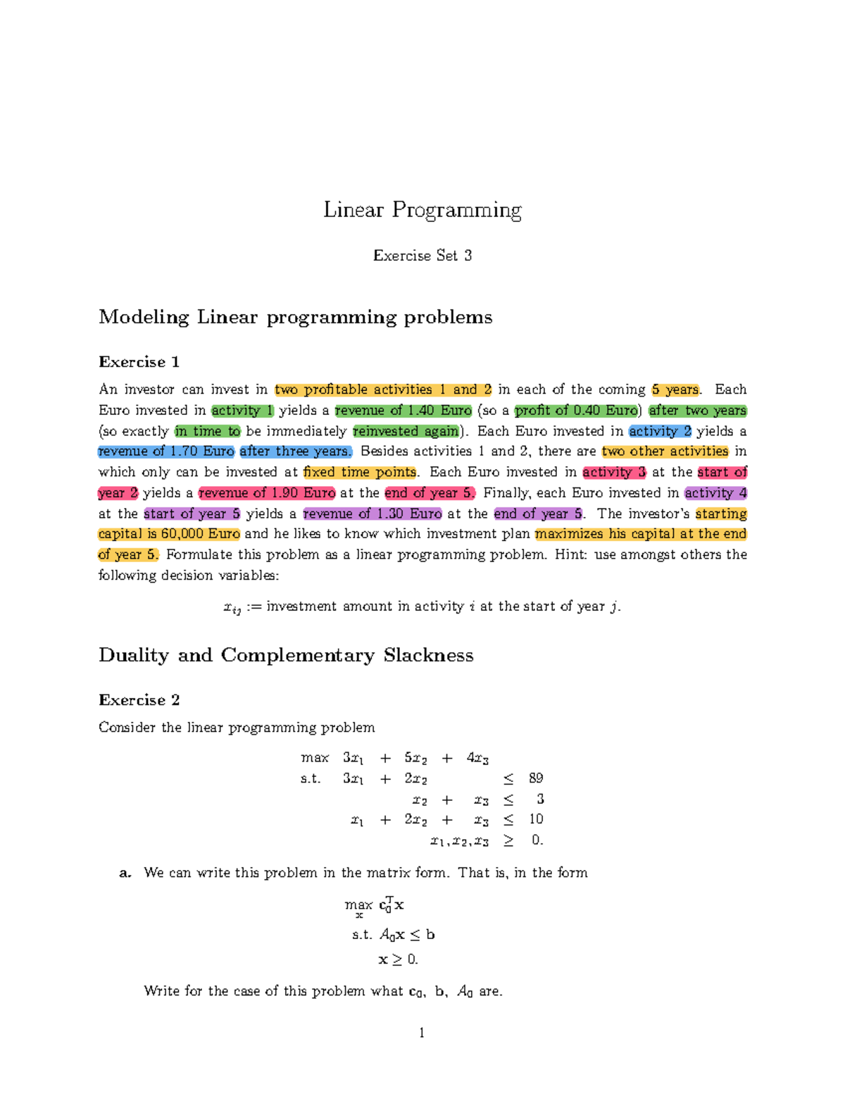 Homework Set 3 newest - Lineair programmeren huiswerk Set week 3 - Linear Programming Exercise ...